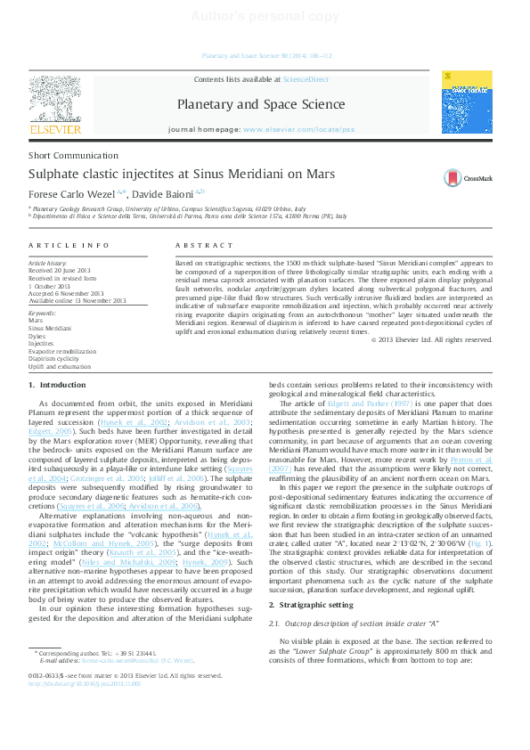 (PDF) Sulphate clastic injectites at Sinus Meridiani on Mars