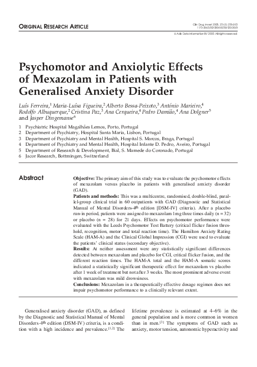 (PDF) Psychomotor and Anxiolytic Effects????????? of Mexazolam in ...