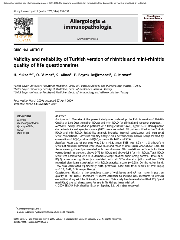 (PDF) Validity and reliability of Turkish version of rhinitis and mini-rhinitis quality of life ...