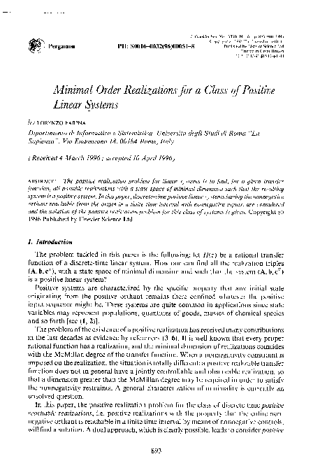 Pdf Minimal Order Realizations For A Class Of Positive Linear Systems