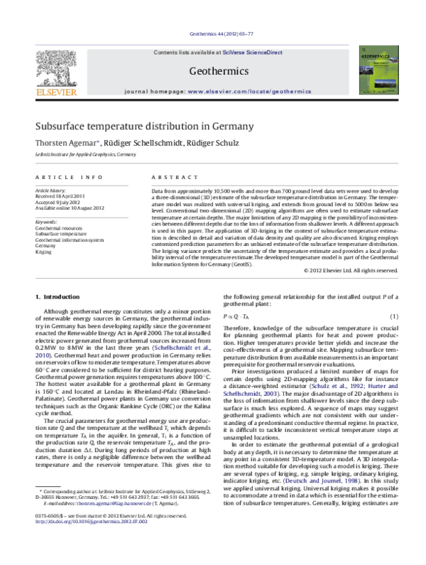 Pdf Subsurface Temperature Distribution In Germany