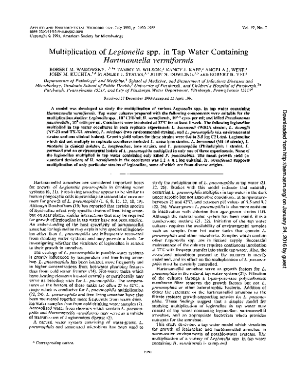 (PDF) Multiplication ofLegionella spp.inTapWaterContaining Hartmannella ...