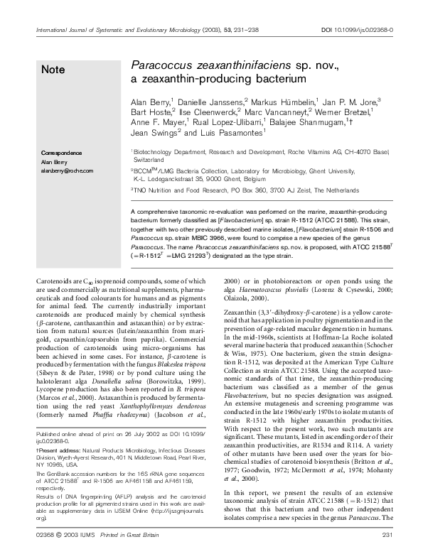 (PDF) Paracoccus zeaxanthinifaciens sp. nov., a zeaxanthin-producing ...