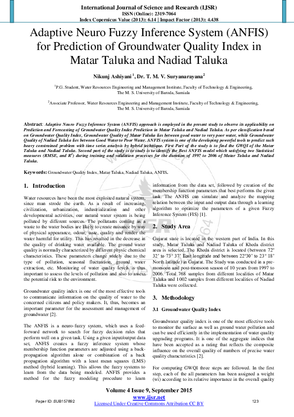 (PDF) Adaptive Neuro Fuzzy Inference System (ANFIS) for Prediction of Groundwater Quality Index ...