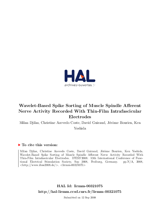 (PDF) Wavelet-based spike sorting of muscle spindle afferent nerve activity recorded with thin ...