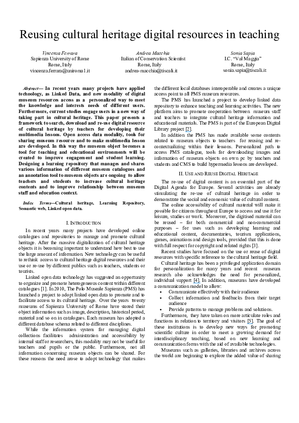 (PDF) Reusing Cultural Heritage Digital resources in teaching