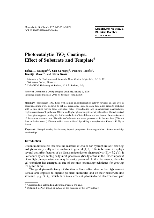 (PDF) Photocatalytic TiO2 Coatings: Effect of Substrate and Template