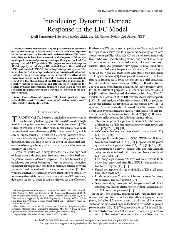 (PDF) Introducing Dynamic Demand Response in the LFC Model