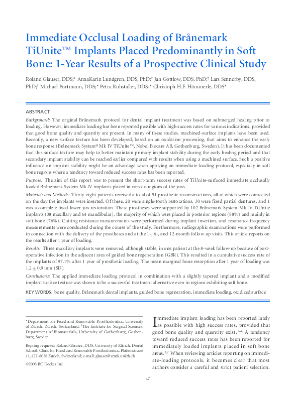 (PDF) Immediate Occlusal Loading of Br nemark TiUnite? Implants Placed ...