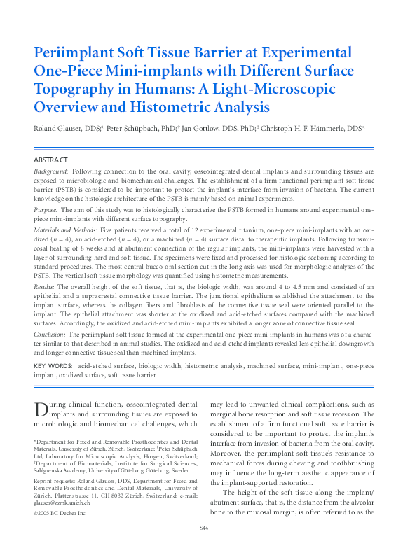 (PDF) Periimplant Soft Tissue Barrier at Experimental One-Piece Mini ...