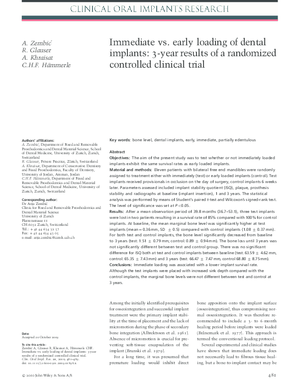 (PDF) Immediate vs. early loading of dental implants: 3-year results of ...