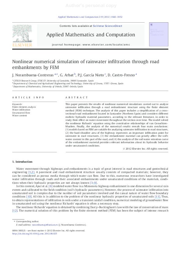 (PDF) Nonlinear numerical simulation of rainwater infiltration through road embankments by FEM