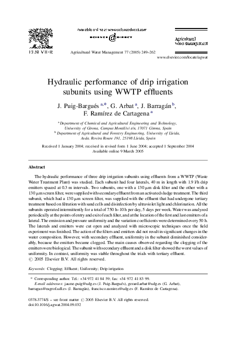 (PDF) Hydraulic performance of drip irrigation subunits using WWTP ...