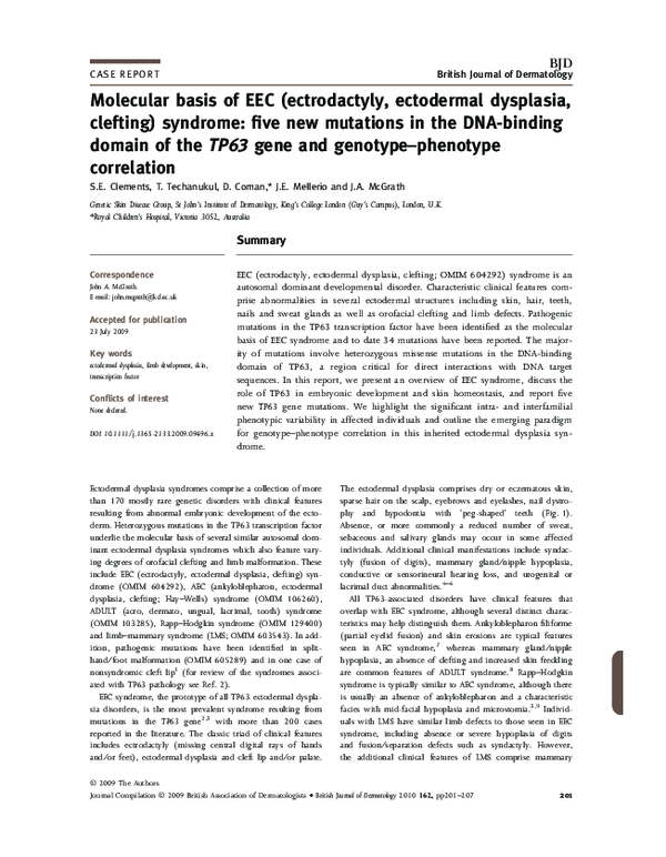 Pdf Molecular Basis Of Eec Ectrodactyly Ectodermal Dysplasia Clefting Syndrome Five New