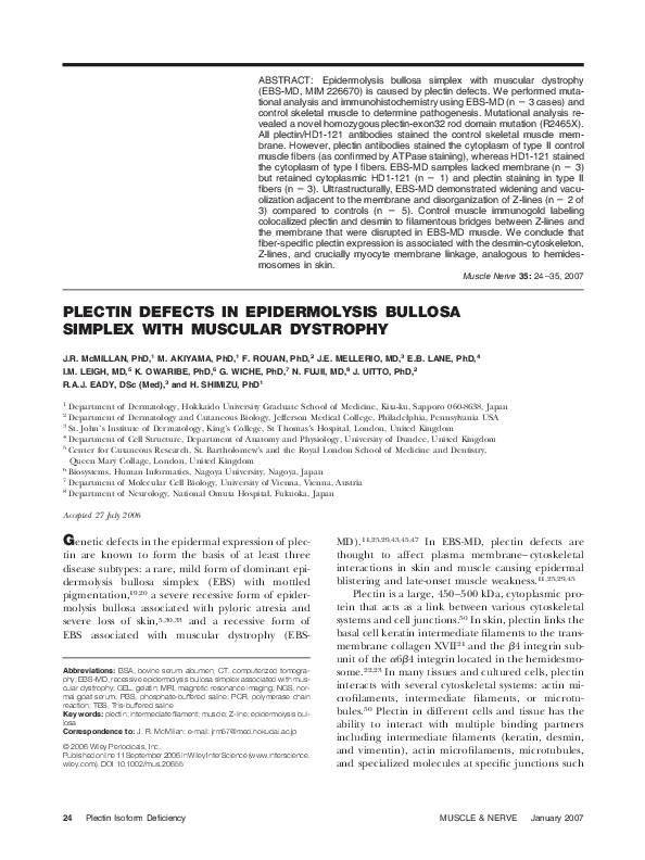(PDF) Plectin defects in epidermolysis bullosa simplex with muscular ...