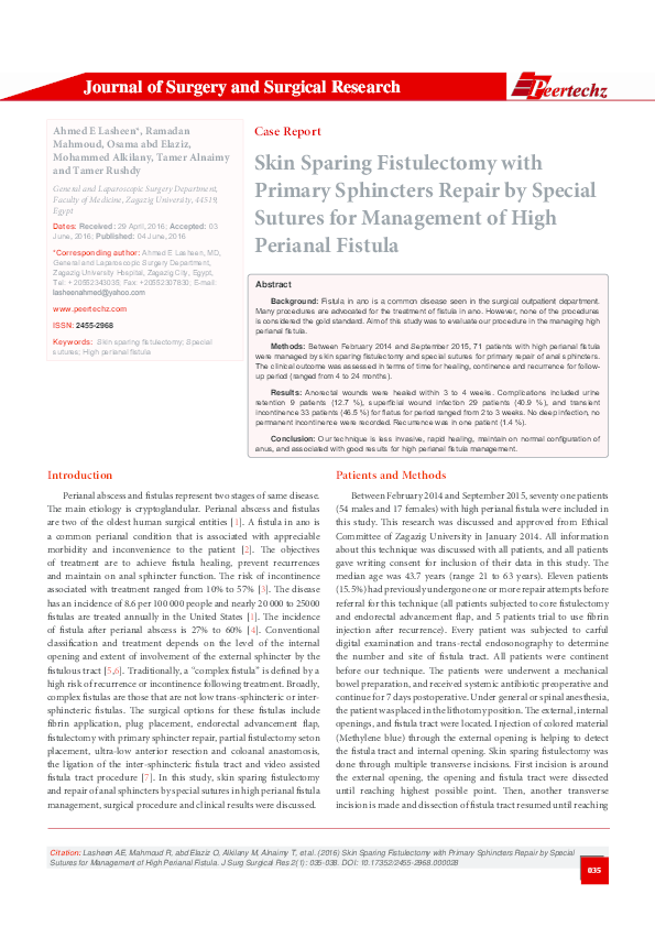 (PDF) Skin Sparing Fistulectomy with Primary Sphincters Repair by ...
