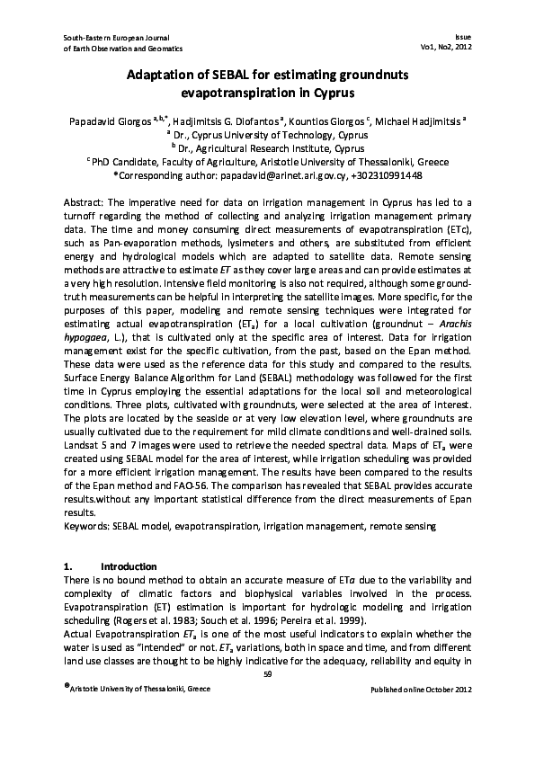 Pdf Remote Sensing Applications For Planning Irrigation Management The Use Of Sebal