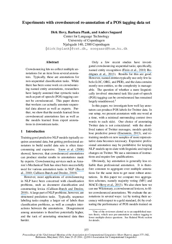 Pdf Experiments With Crowdsourced Re Annotation Of A Pos Tagging Data Set