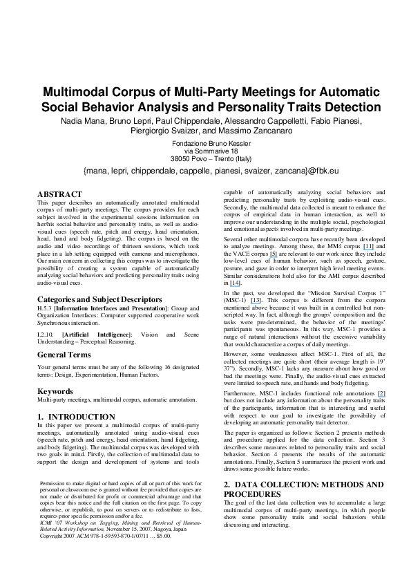 (PDF) Multimodal corpus of multi-party meetings for automatic social ...