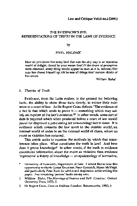 (PDF) The evidencer's eye: Representations of truth in the laws of evidence