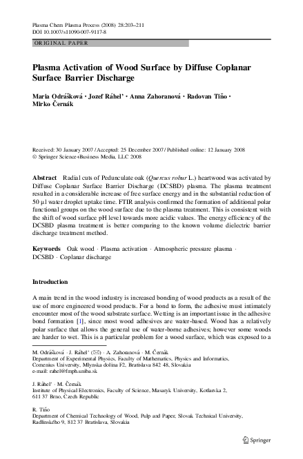 (PDF) Plasma Activation of Wood Surface by Diffuse Coplanar Surface Barrier Discharge | Jozef ...