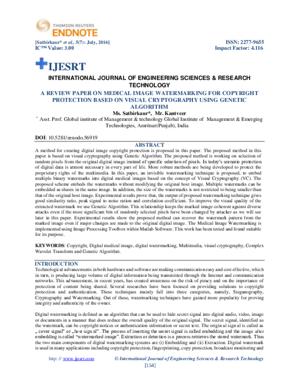 Pdf A Review Paper On Medical Image Watermarking For Copyright Protection Based On Visual