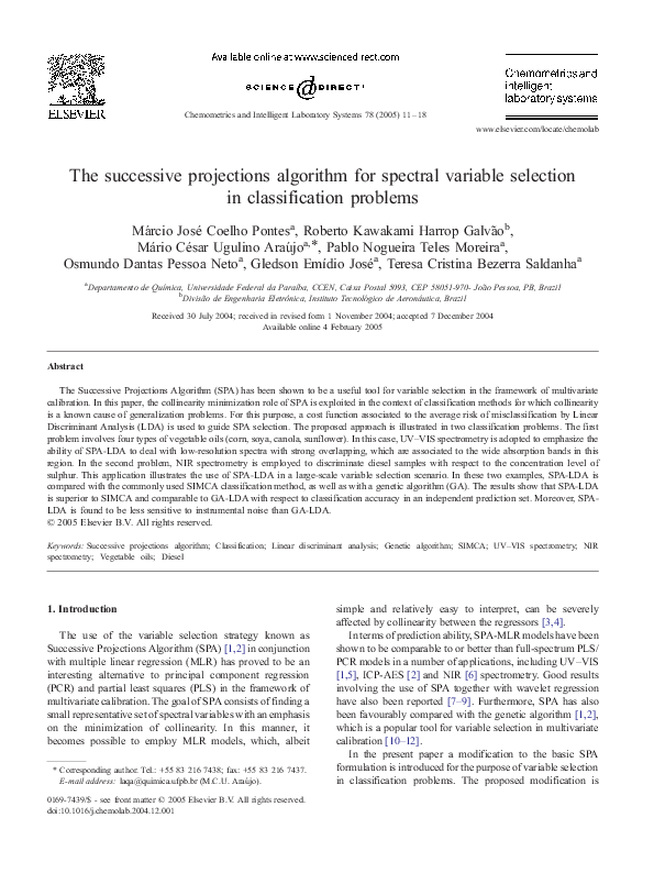 (PDF) The successive projections algorithm for spectral variable ...