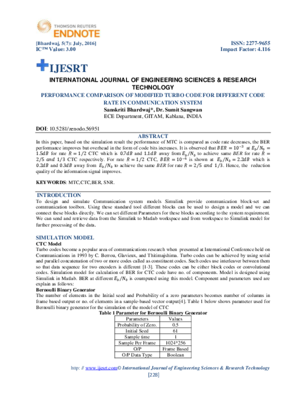 Pdf Performance Comparison Of Modified Turbo Code For Different Code