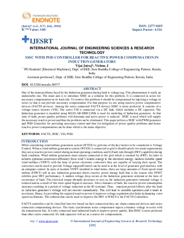 (PDF) Reactive Power Compensation via SSSC Control