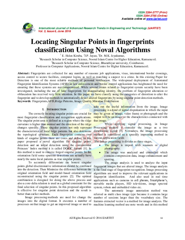 Pdf Locating Singular Points In Fingerprints Classification Using Noval Algorithms