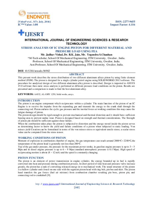 (PDF) STRESS ANALYSIS OF IC ENGINE PISTON FOR DIFFERENT MATERIAL AND ...