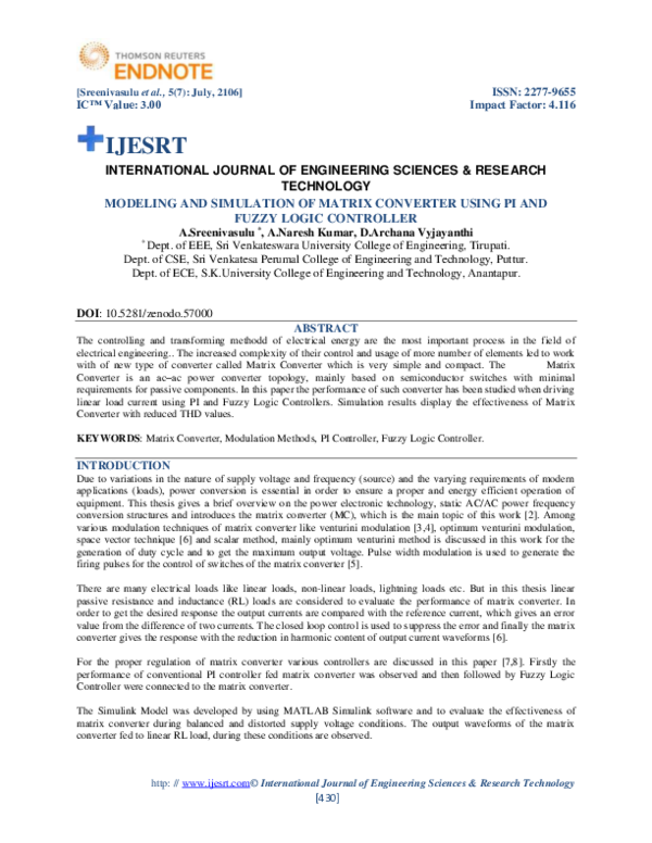 Pdf Modeling And Simulation Of Matrix Converter Using Pi And Fuzzy