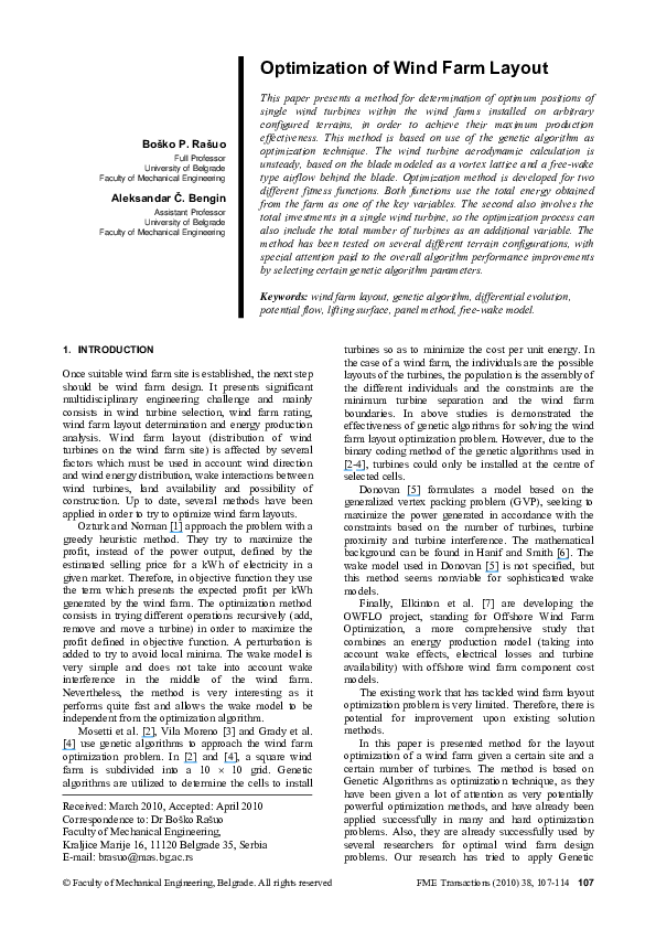 Pdf Optimization Of Wind Farm Layout