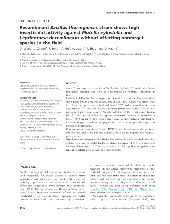(PDF) Recombinant Bacillus thuringiensis strain shows high insecticidal activity against ...
