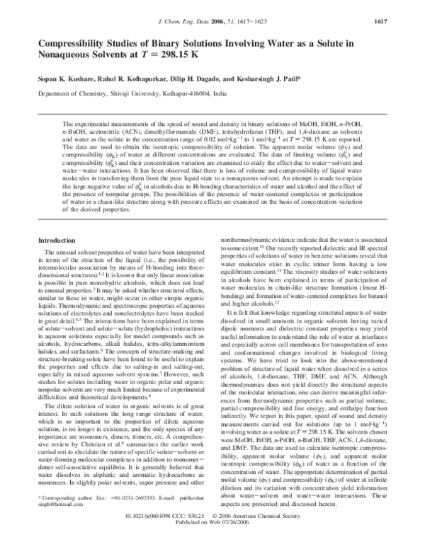 (PDF) Compressibility Studies of Binary Solutions Involving Water as a ...