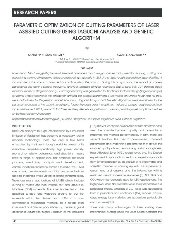 (PDF) PARAMETRIC OPTIMIZATION OF CUTTING PARAMETERS OF LASER ASSISTED CUTTING USING TAGUCHI ...