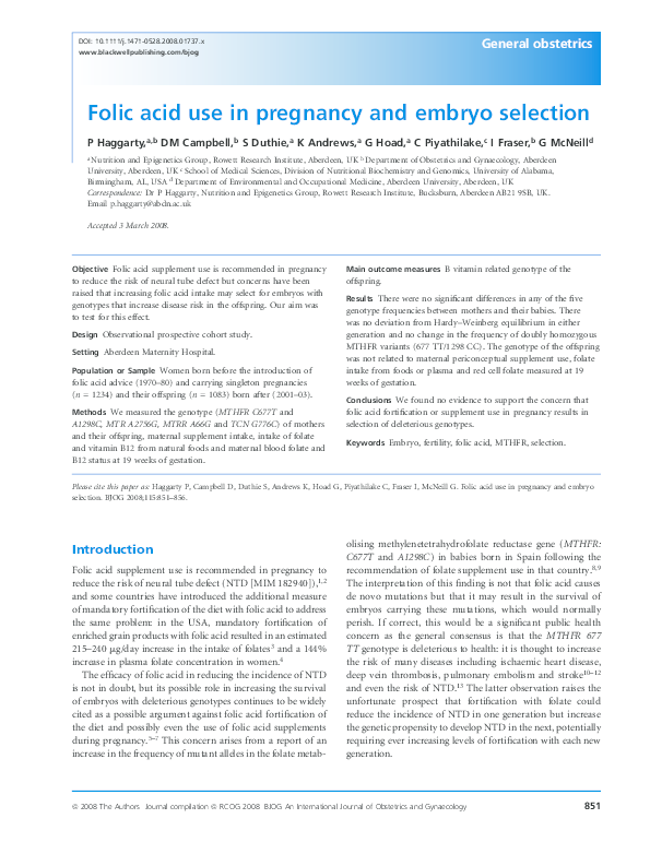 (PDF) Folic acid use in pregnancy and embryo selection