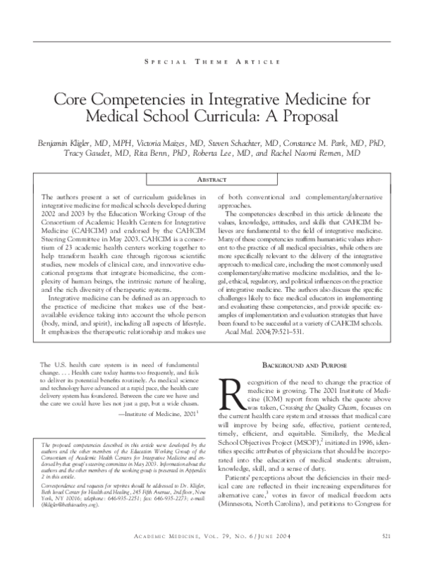 (PDF) Core Competencies in Integrative Medicine for Medical School ...