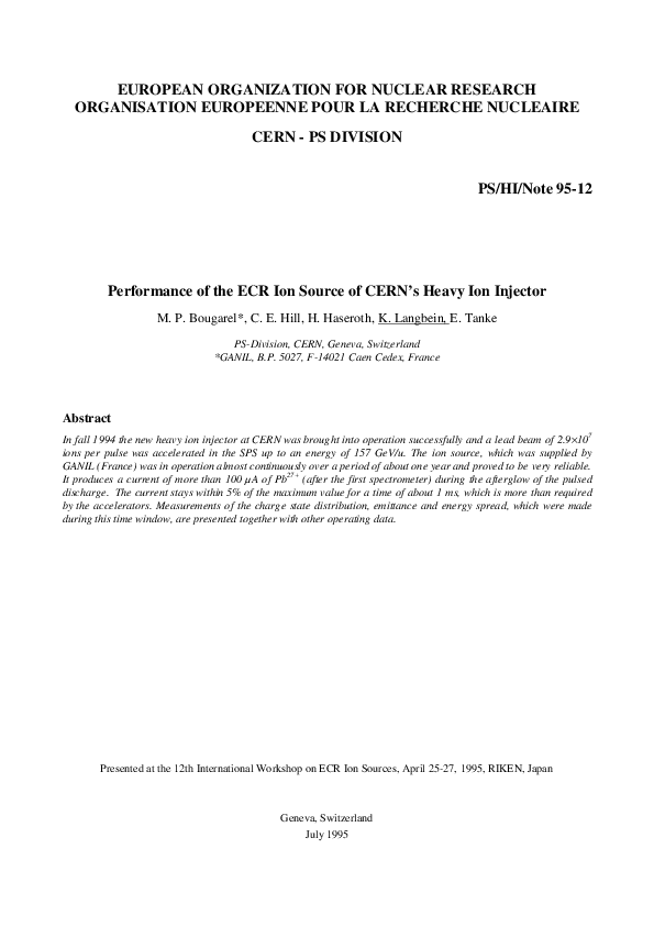 (PDF) Performance of the ECR ion source of CERN's heavy ion injector