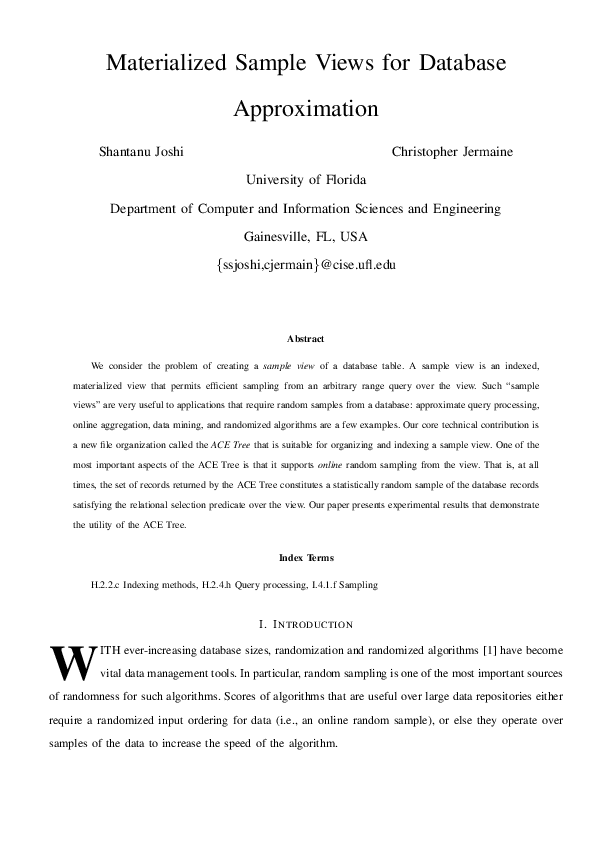 (PDF) Materialized sample views for database approximation