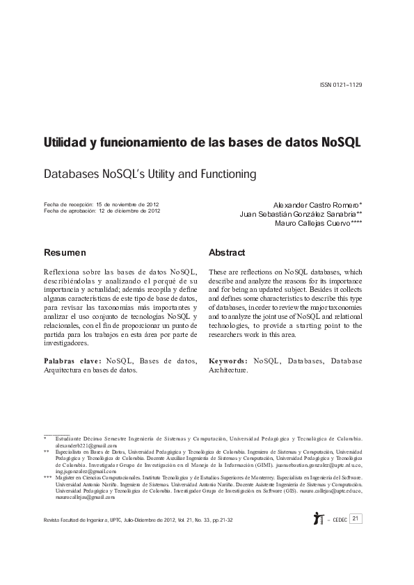 (PDF) Utilidad y funcionamiento de las bases de datos NoSQL Databases NoSQL's Utility and ...