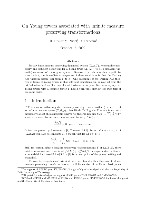 (PDF) On Young Towers Associated with Infinite Measure Preserving ...