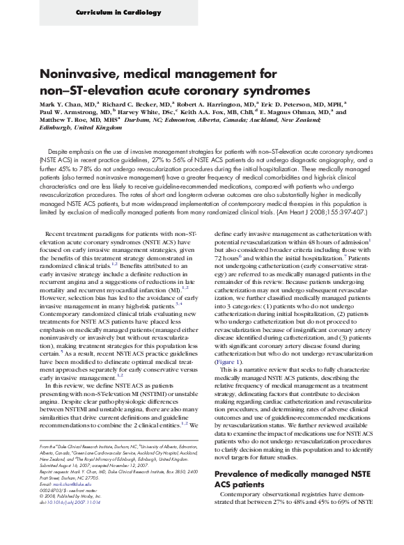 (PDF) Noninvasive, medical management for non–ST-elevation acute ...