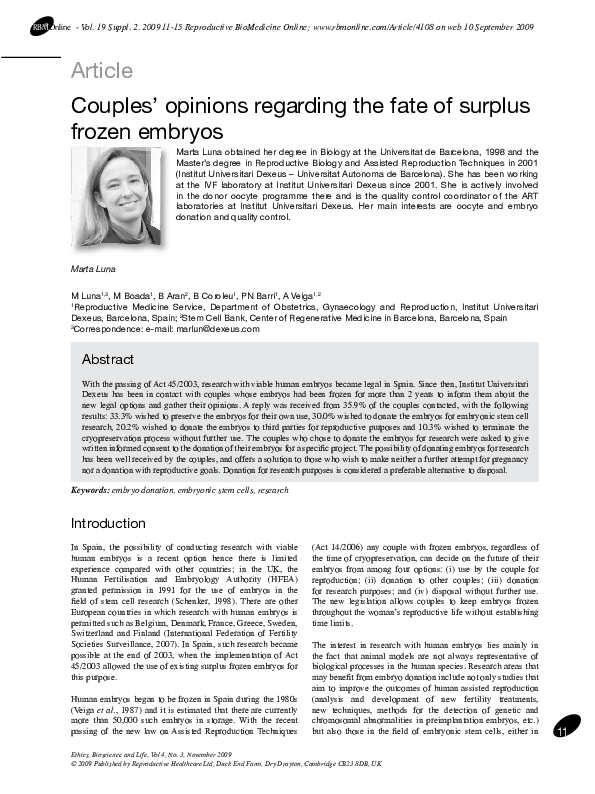 (PDF) Couples' opinions regarding the fate of surplus frozen embryos
