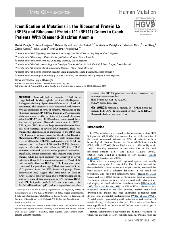 (PDF) Identification of mutations in the ribosomal protein L5 (RPL5 ...