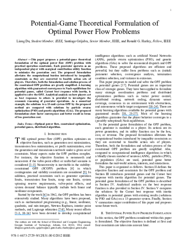 Pdf Potential Game Theoretical Formulation Of Optimal Power Flow Problems 