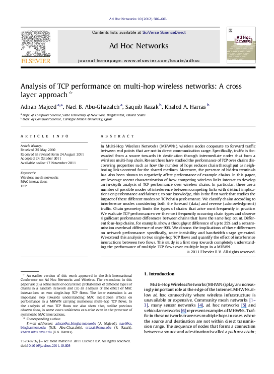 Pdf Analysis Of Tcp Performance On Multi Hop Wireless Networks A Cross Layer Approach Adnan