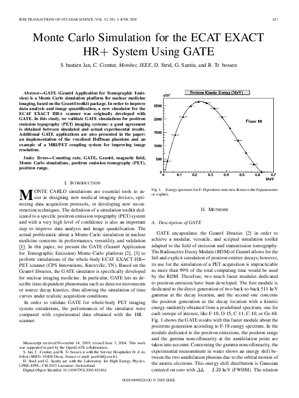 (PDF) Monte Carlo Simulation for the ECAT EXACT HR+ system using GATE