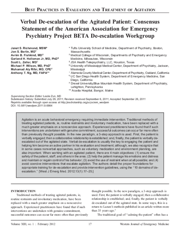 (PDF) Verbal De-escalation of the Agitated Patient: Consensus Statement ...