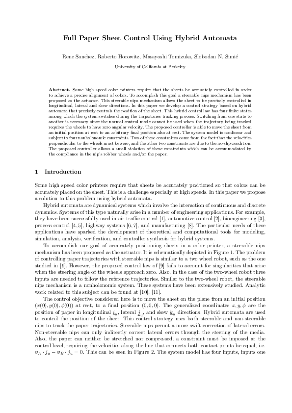 (PDF) Full Paper Sheet Control Using Hybrid Automata